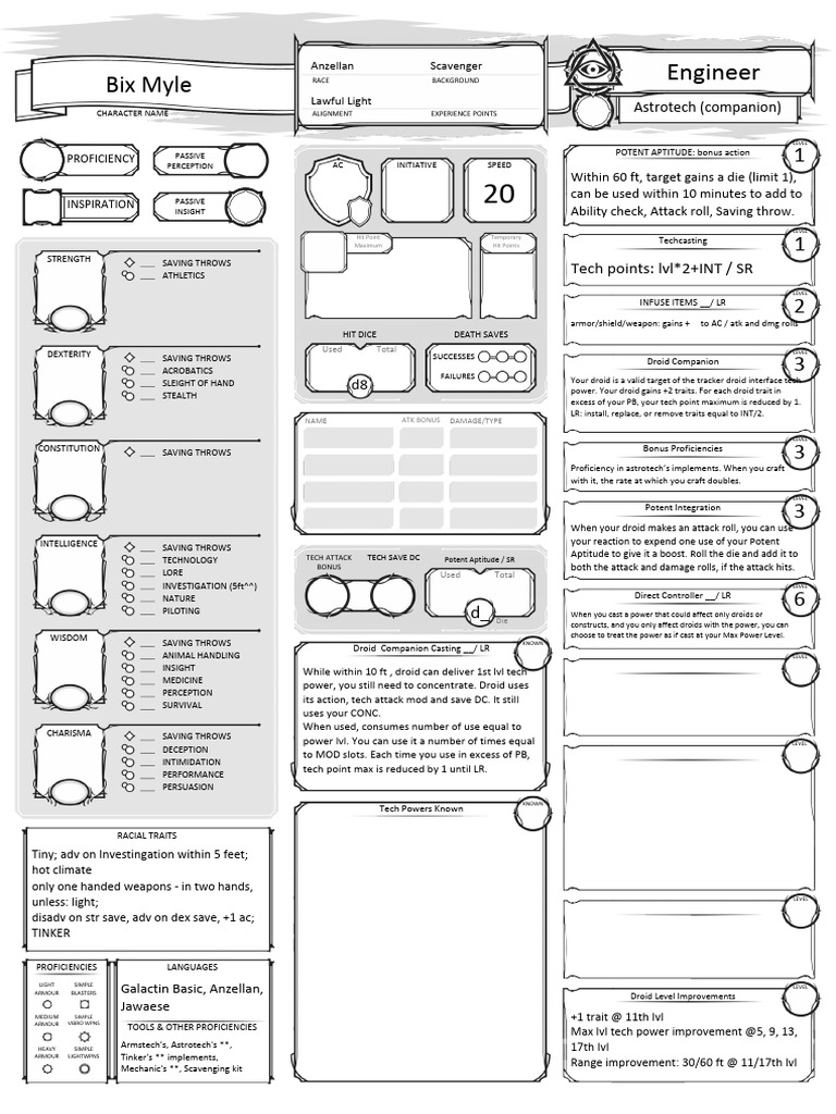 Anzellan Scavenger Character Sheet | PDF | Role Playing | Gaming