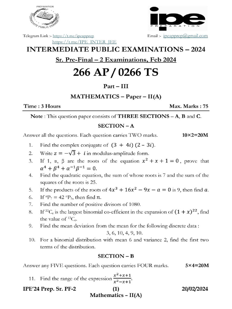 Mathematics-II(a) Sr PF2 IPE'24 | PDF