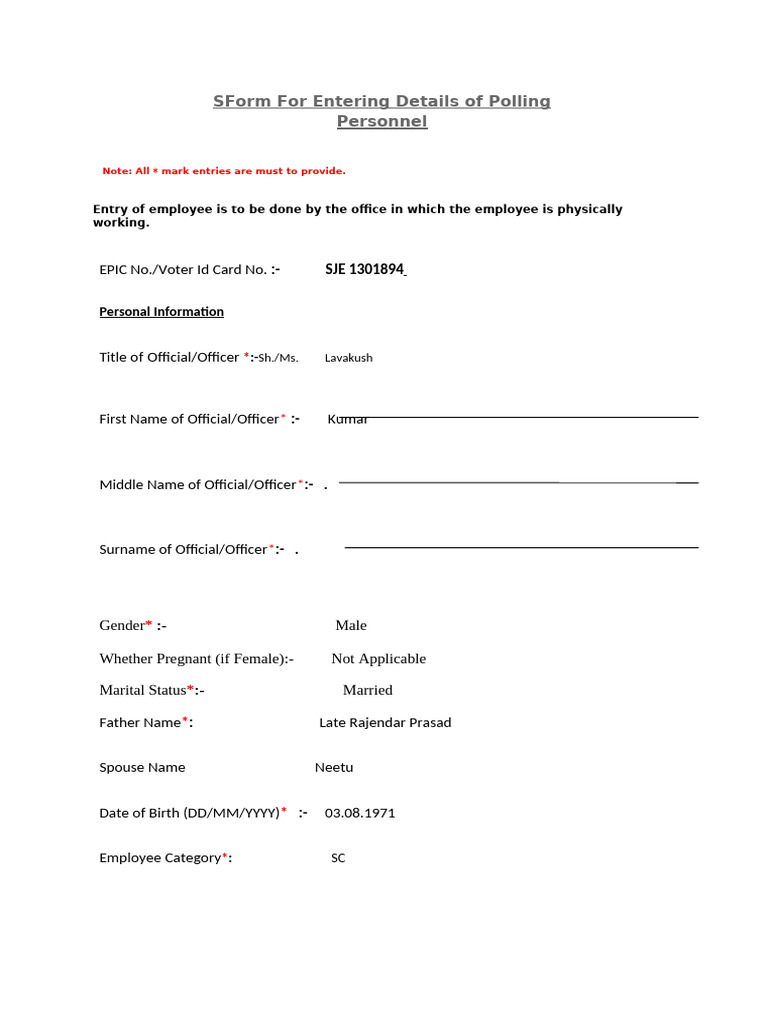 Sform For Entering Details of Polling Personnel: Personal Information | PDF