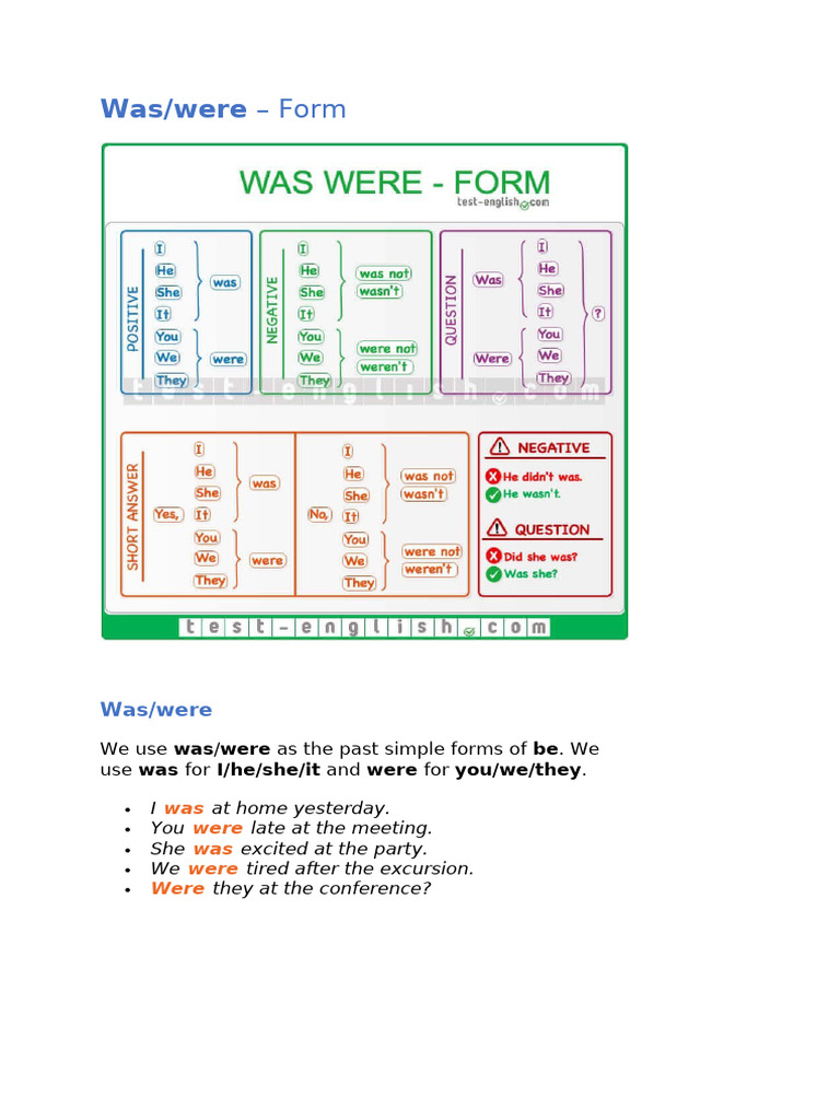 Past Simple of Be Was, Were | PDF