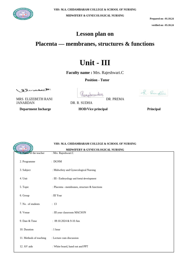 Lesson Plan: Placenta Functions & Structure | PDF | Fertilisation ...