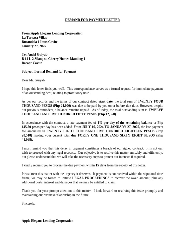 Demand For Payment Letter - Guiyab | PDF