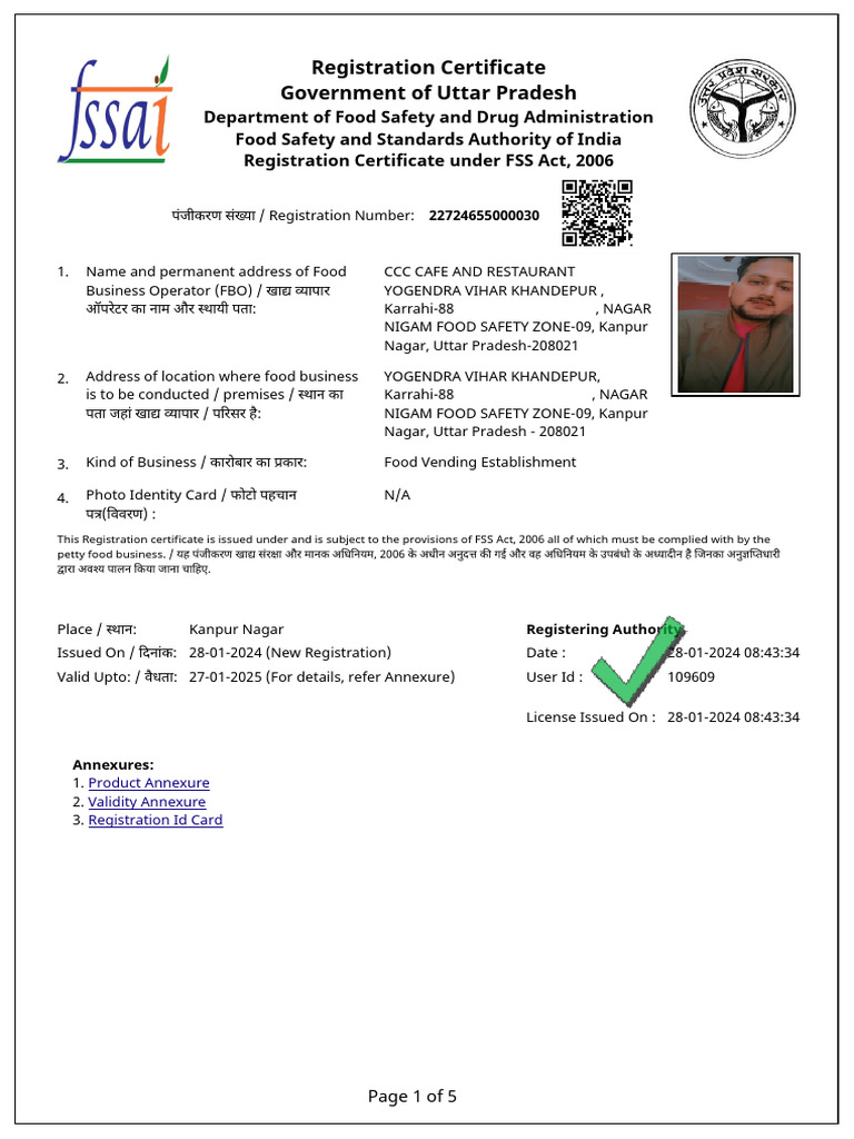 FSSAI Registration Certificate for CCC Cafe | PDF | Access Control ...