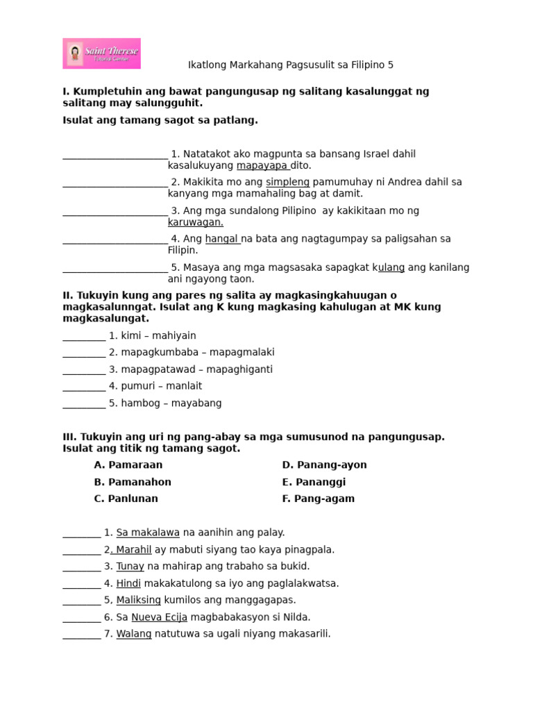 Ikatlo Markahang Pagsusulit Sa Filipino5 | PDF