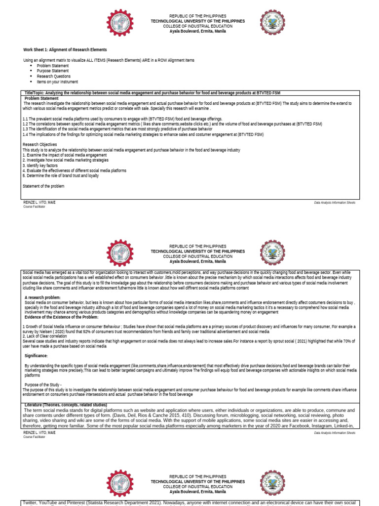 Work Sheet 1 Alignment of Research Elements SARAIL | PDF | Social Media ...
