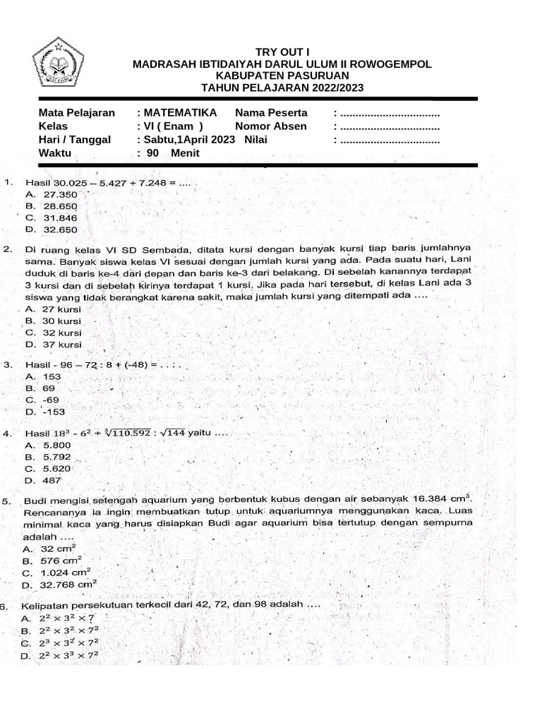 Tryout 1 Matematika | PDF