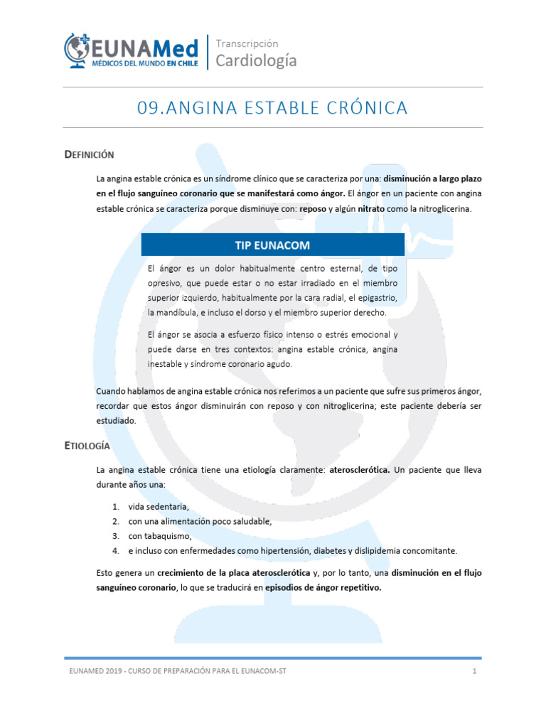 CardiologÃ A 09 - Angina Estable CrÃ Nica - EunaMed 2019 | PDF | Enfermedades y trastornos ...