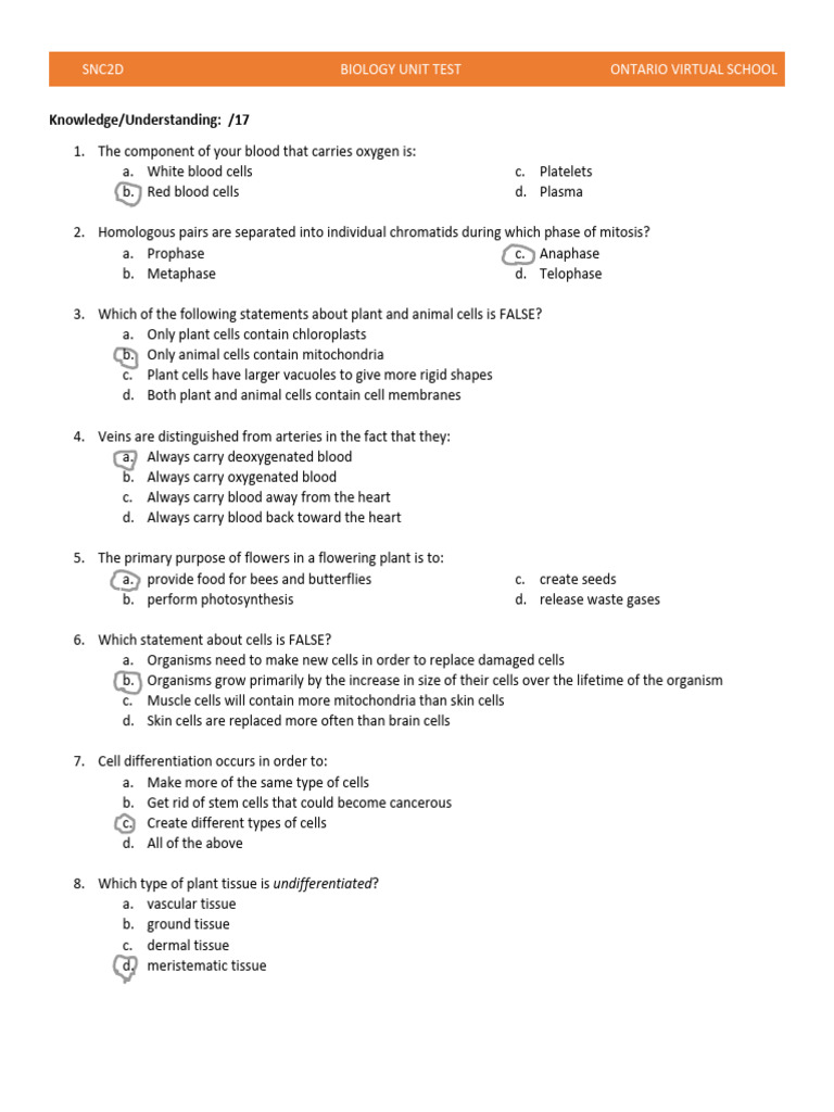 SNC2D Biology Unit Test Overview | PDF | Lung | Atherosclerosis