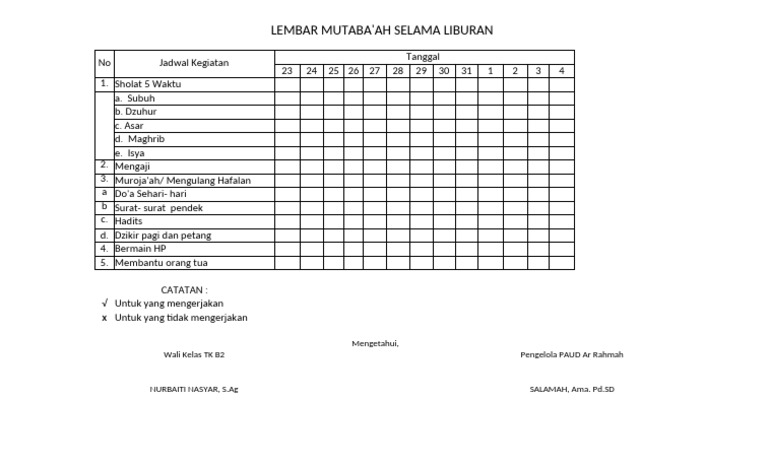 Lembar Mutaba'Ah PAUD Ar Rahmah Selama Libur TK B2 | PDF