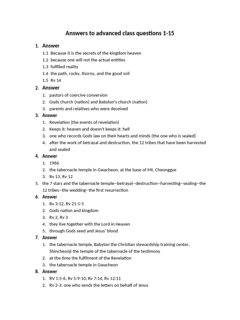 Answers to Advanced Class Questions 1-15 | PDF | Religious Belief And ...