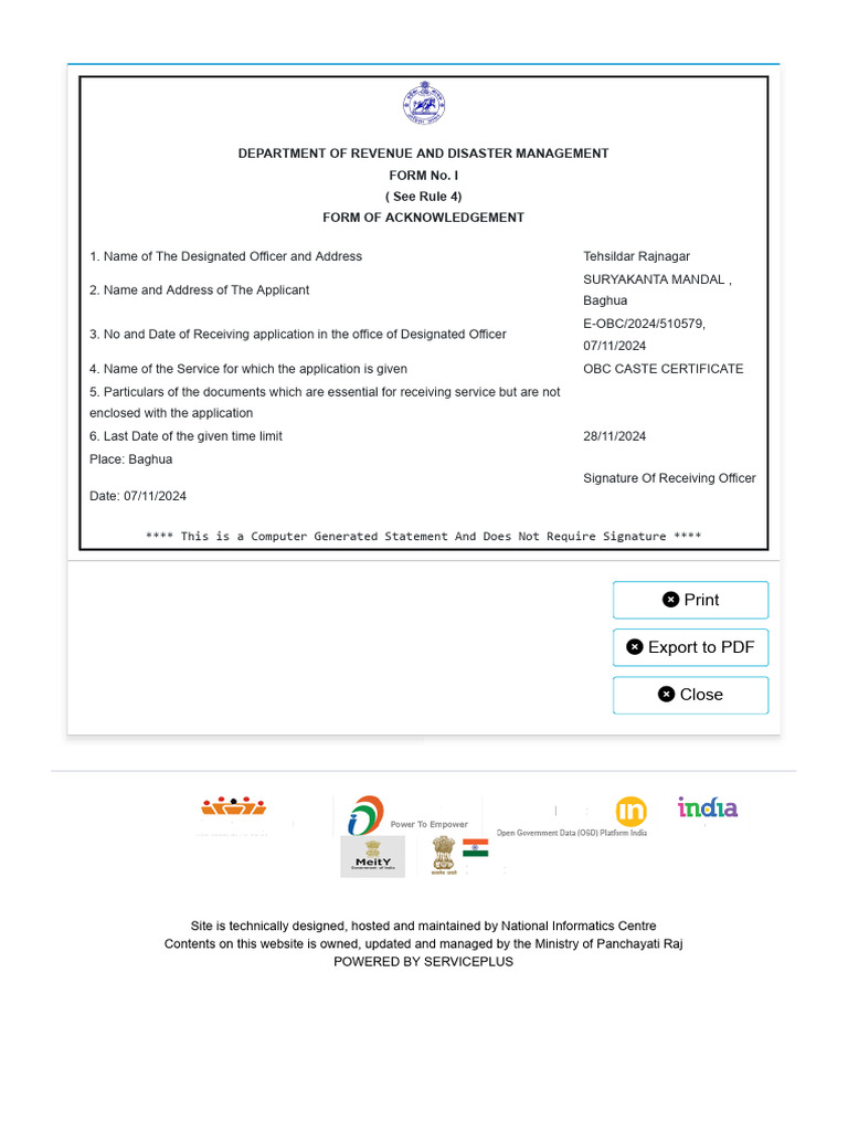 OBC Caste Certificate Acknowledgement Form | PDF