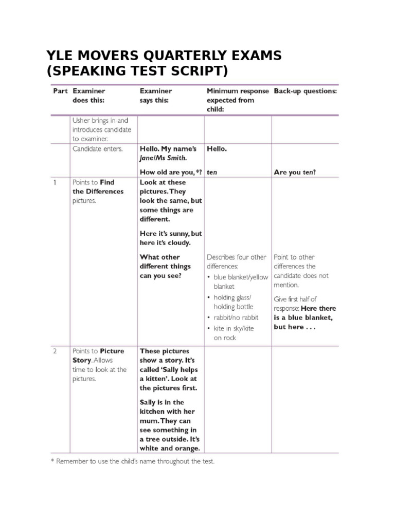 Yle Movers Speaking Test Script | PDF