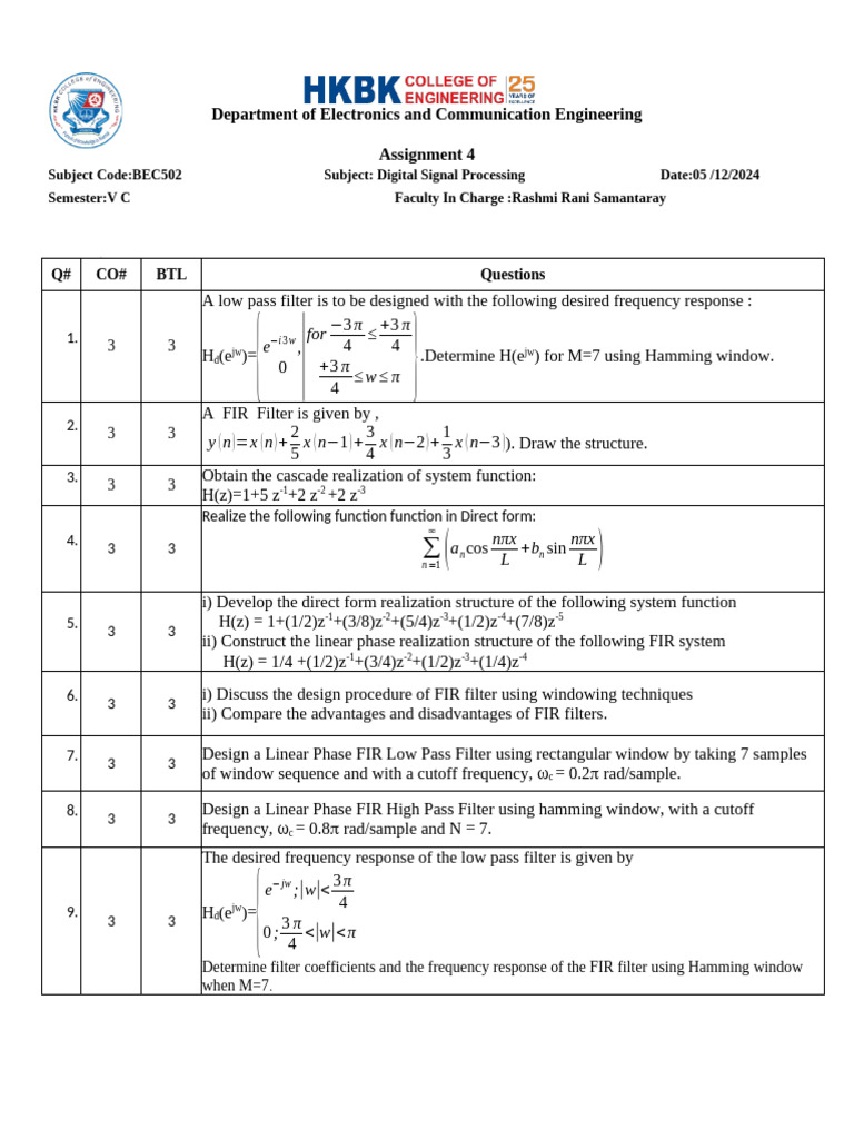 assignmemt4_dsp_bec502 | PDF | Digital Signal Processing | Low Pass Filter