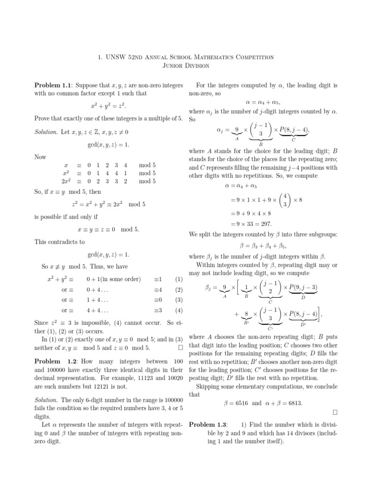 UNSW Maths Competition 2013 & Solutions | PDF | Numbers | Elementary ...