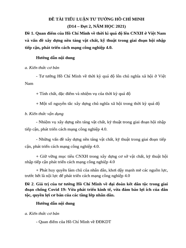 3. HƯỚNG DẪN ĐỀ TÀI TIÊU LUẬN. MÔN TTHCM đợt 2. 2021 TTHCM | PDF