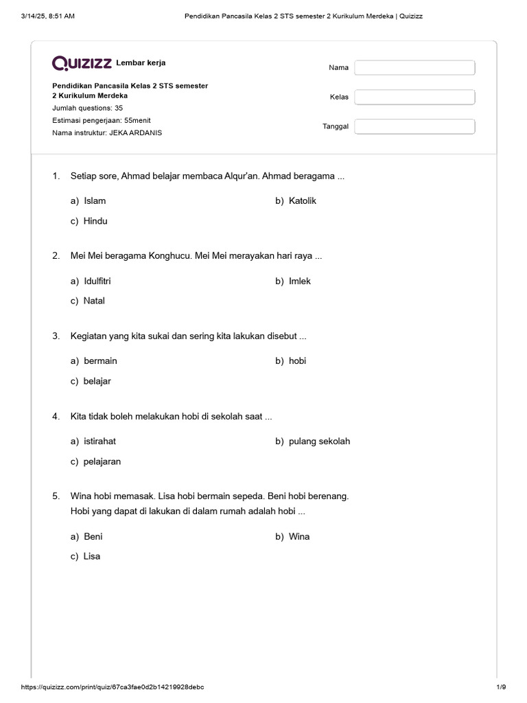 Pendidikan Pancasila Kelas 2 STS Semester 2 Kurikulum Merdeka - Quizizz | PDF