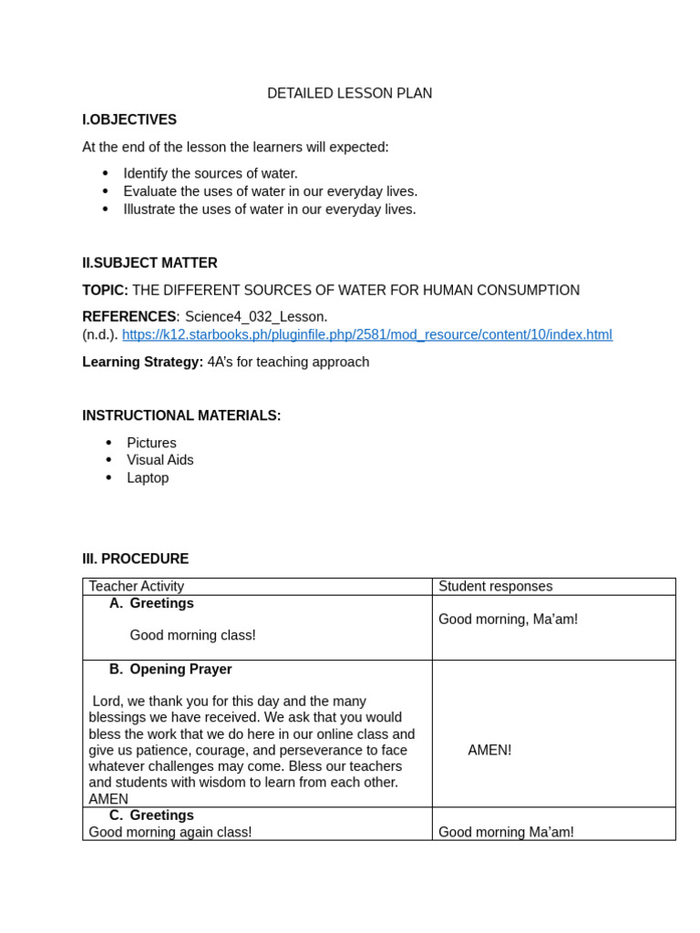 Sources of Water Lesson Plan for Grade 4 | PDF | Water | Lesson Plan