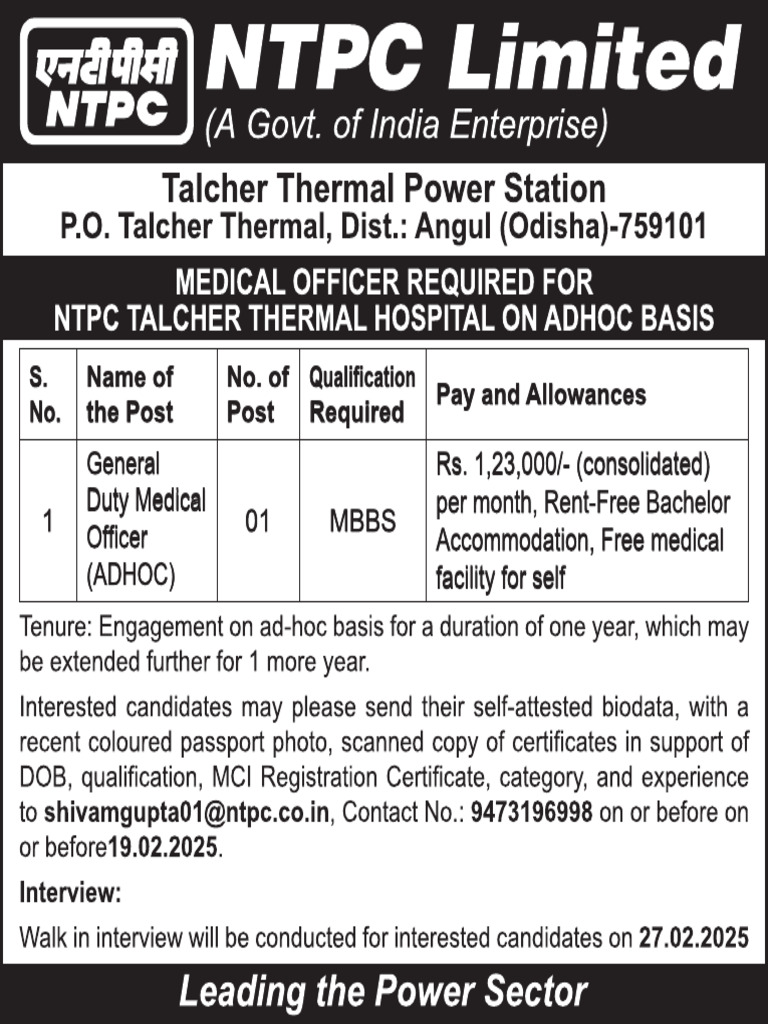Adhoc Doctor Advt. - Talcher Thermal PDF | PDF