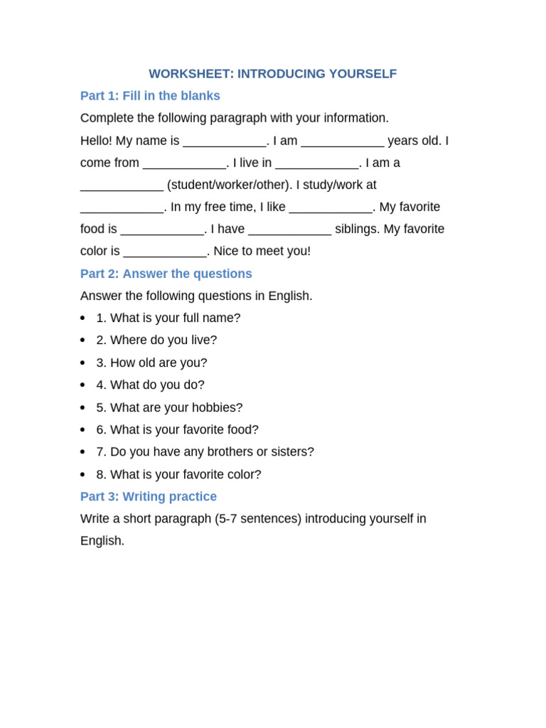 English Self Introduction Worksheet | PDF