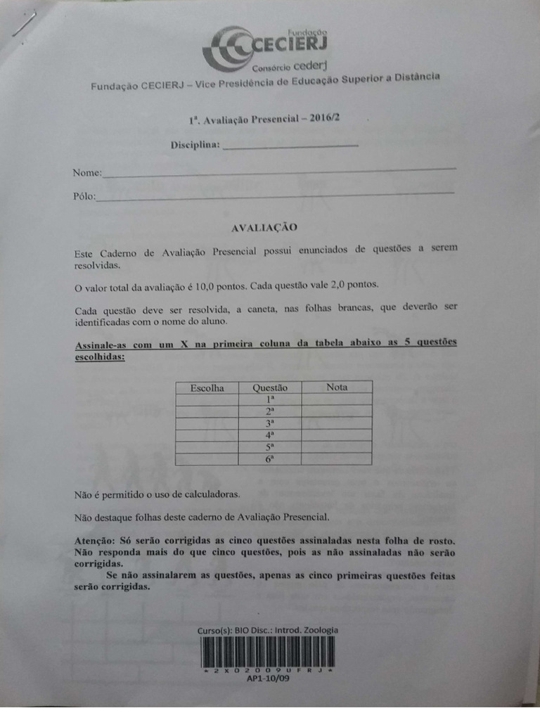 AP1 2016.2 Zoo - Sem Gabarito | PDF