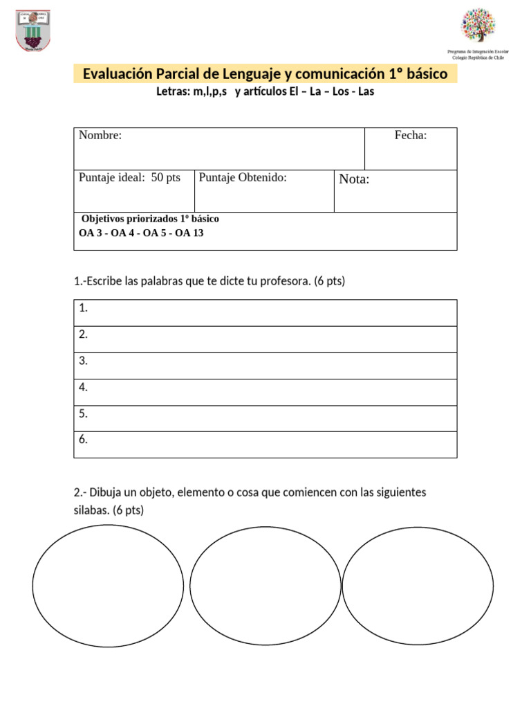 Ev. Lenguaje 1º Básico m,l ,p,s | PDF