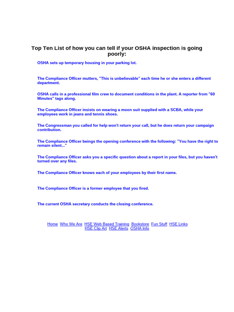 Top Ten List of how you can tell if your OSHA inspection is | PDF