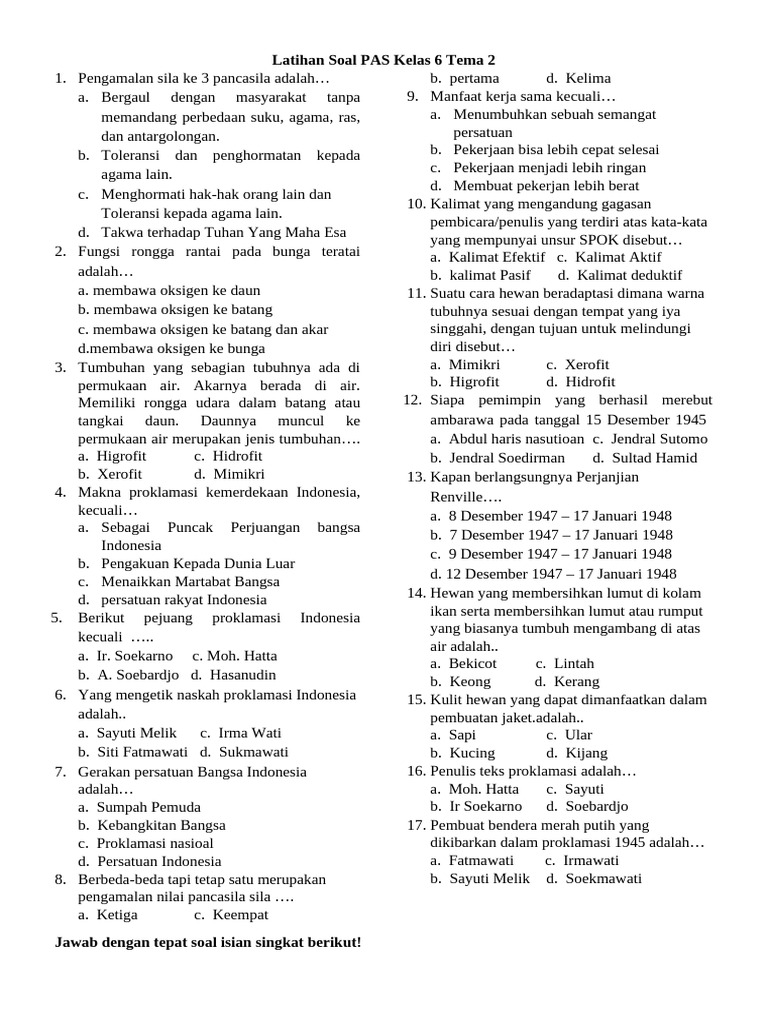 Latihan Soal PAS Kelas 6 Tema 2 | PDF