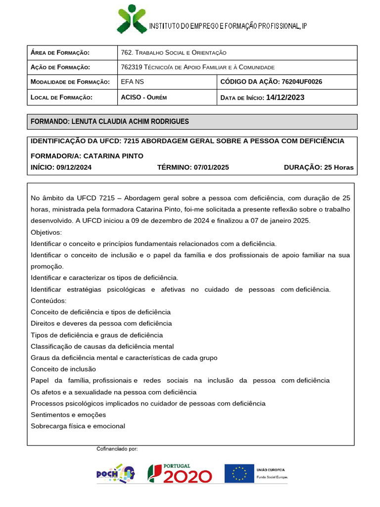 Reflexao Ufcd 7215 Lenuta Claudia Achim Rodrigues | PDF | Deficiência ...