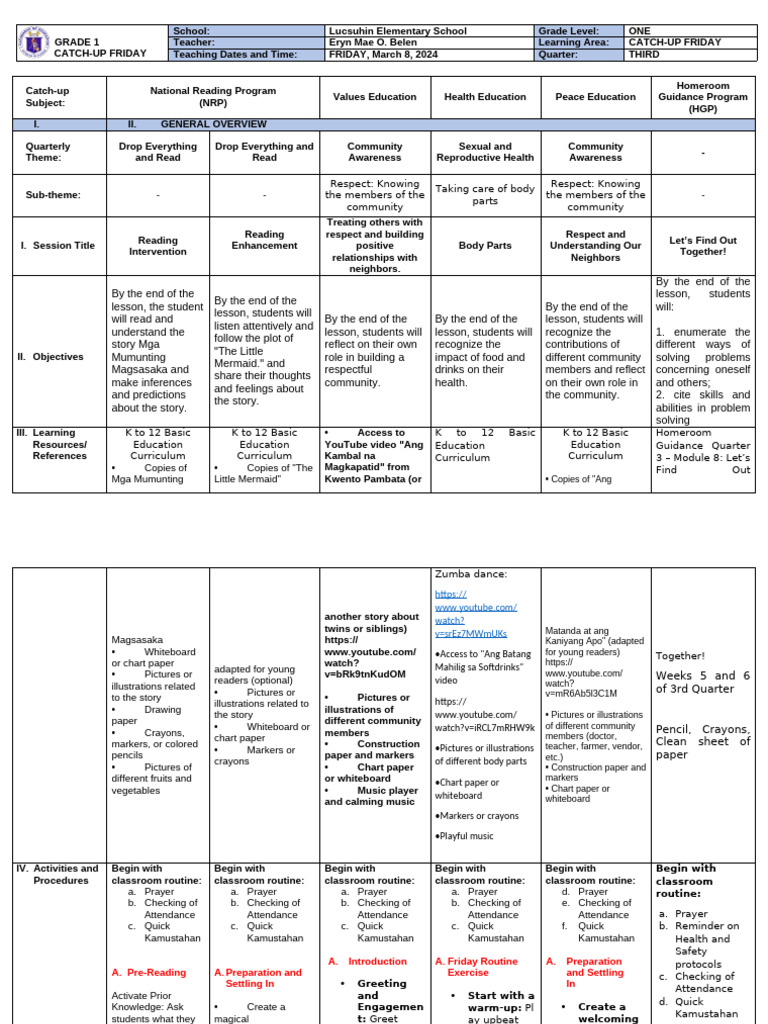Week 5-Dll-Catch-Up-Friday-Grade-1 | PDF | Reading Comprehension
