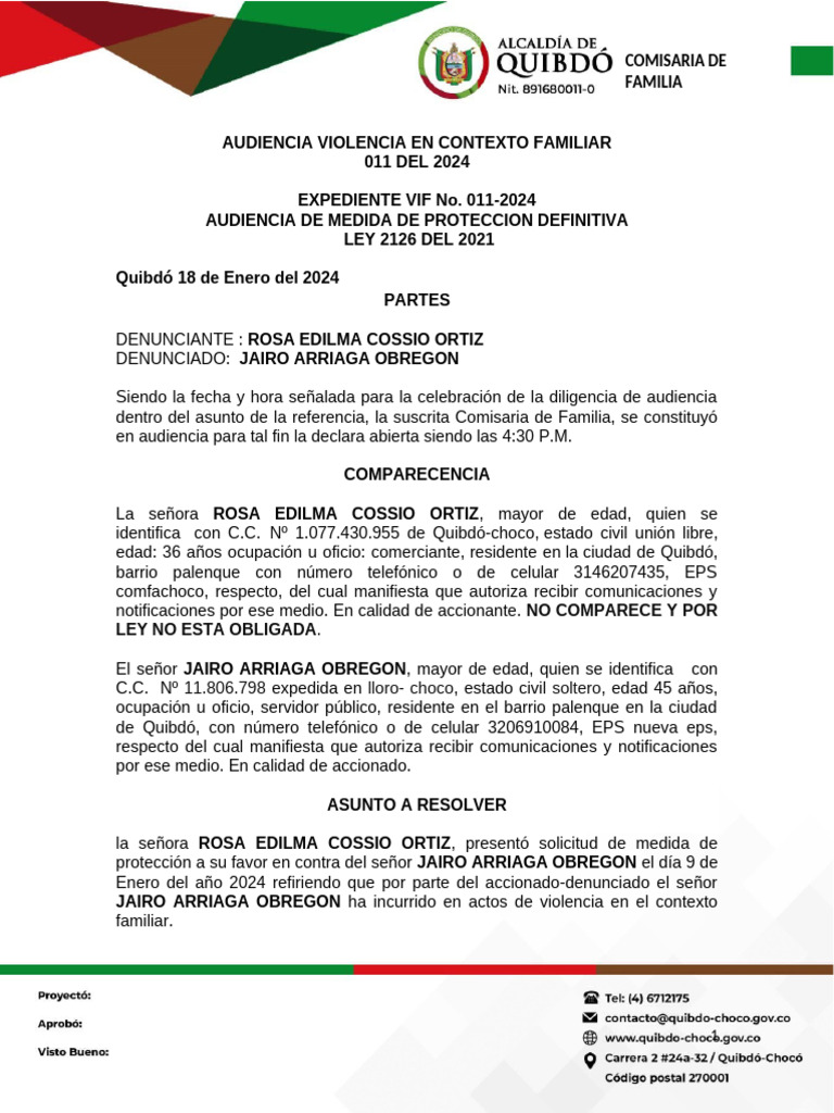 Proceso 011-2024 Rosa Edilma Cossio | PDF | Violencia | Familia