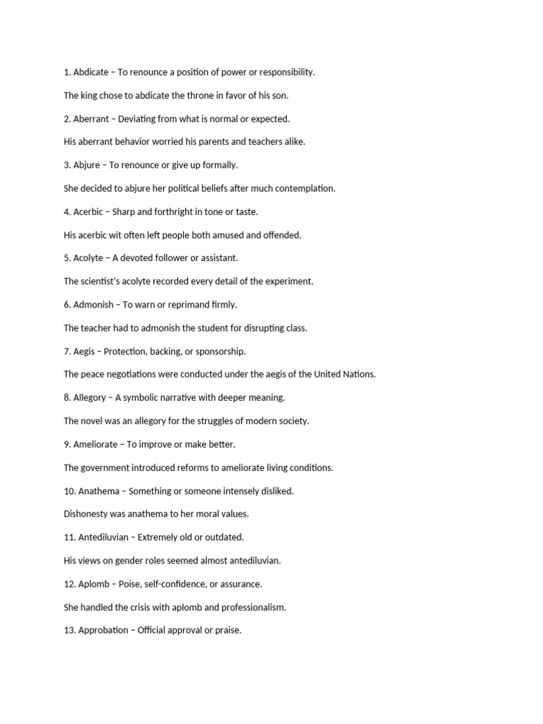 Final Vocabulary List Grade 11 | PDF