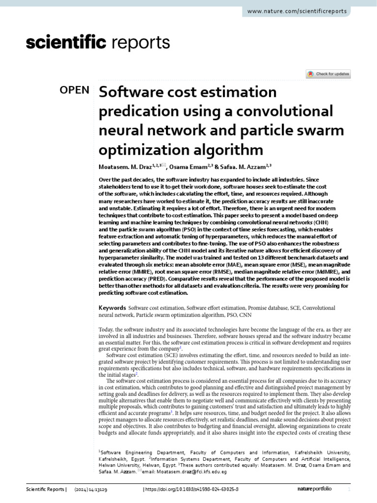 Software Cost Estimation Predication Using A Convolutional Neural Network and Particle Swarm ...