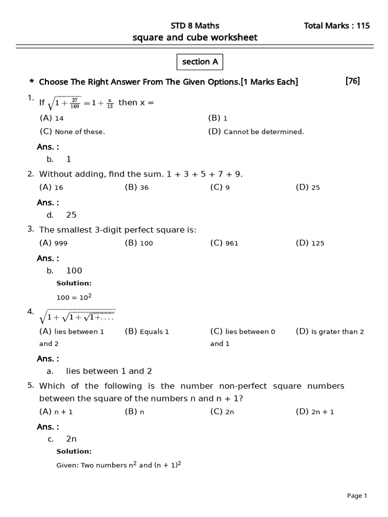 Square and Cube Worksheet. - Solution | PDF | Mathematical Objects ...