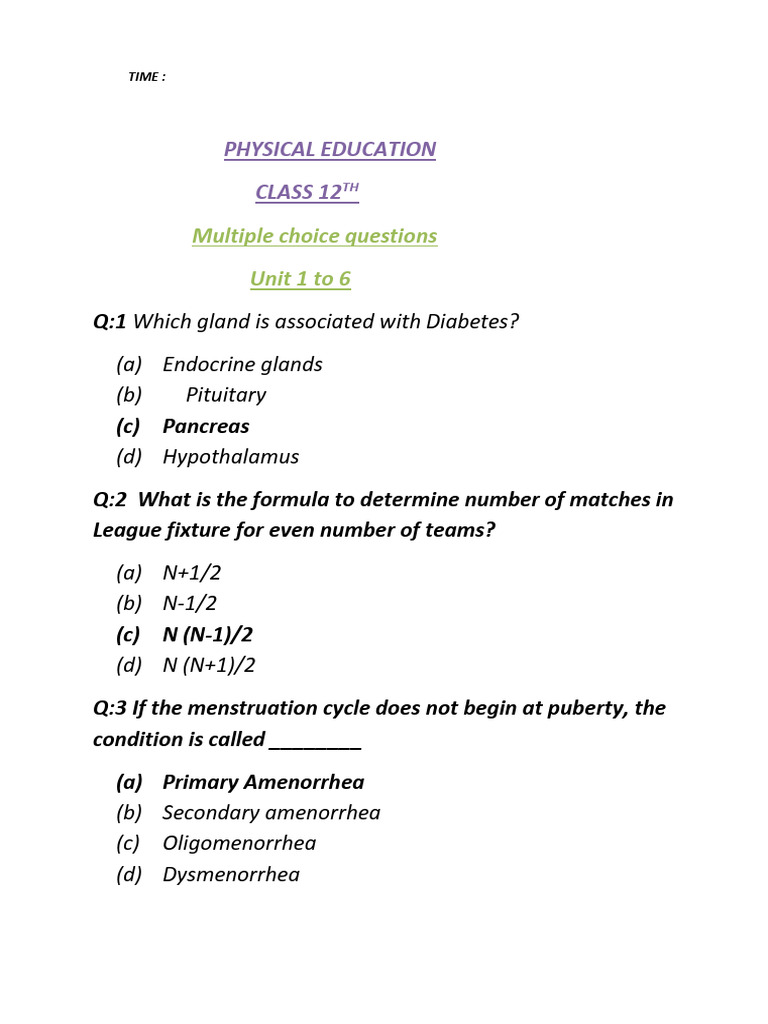 phe class 12th MCQ questions 2024 Unit 1 to 6 | PDF | Physical Fitness ...
