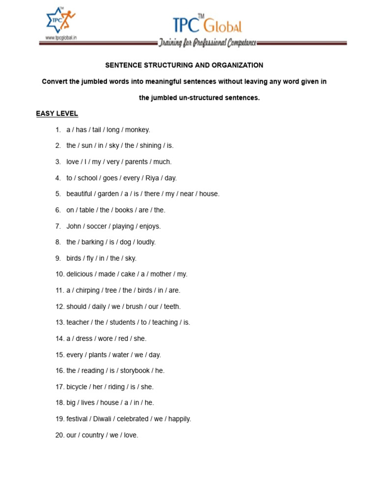 SENTENCE STRUCTURING AND ORGANIZATION - Jumbled Sentences | PDF | Cognition