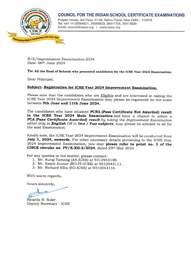 Circular Regarding Registration For ICSE Year 2024 Improvement Examination | PDF