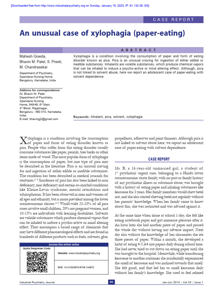 Case Study of Xylophagia in Adolescence | PDF | Cognitive Behavioral ...
