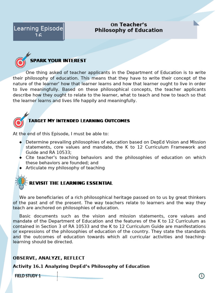 ELC 101 Learning Episode 16 | PDF | Curriculum | Philosophy Of Education