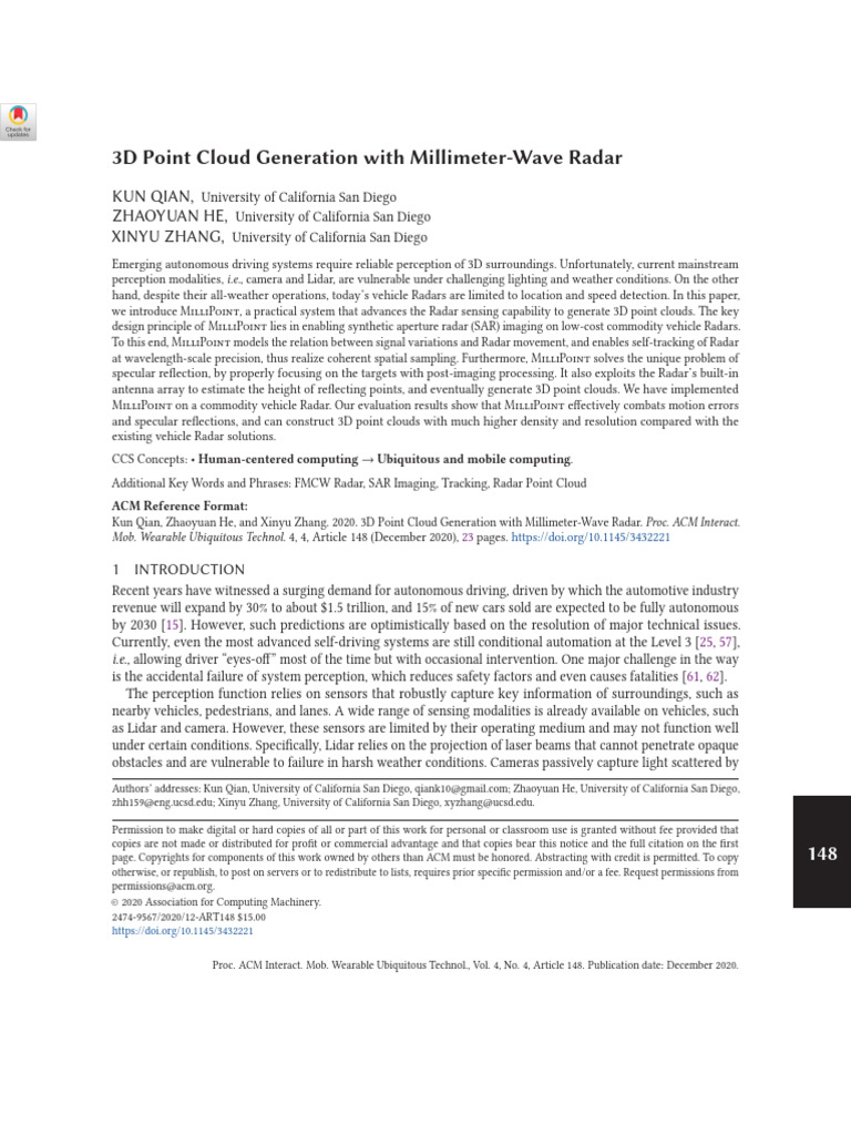 3D Point Cloud Generation With Millimeter-Wave Radar | PDF | Radar ...