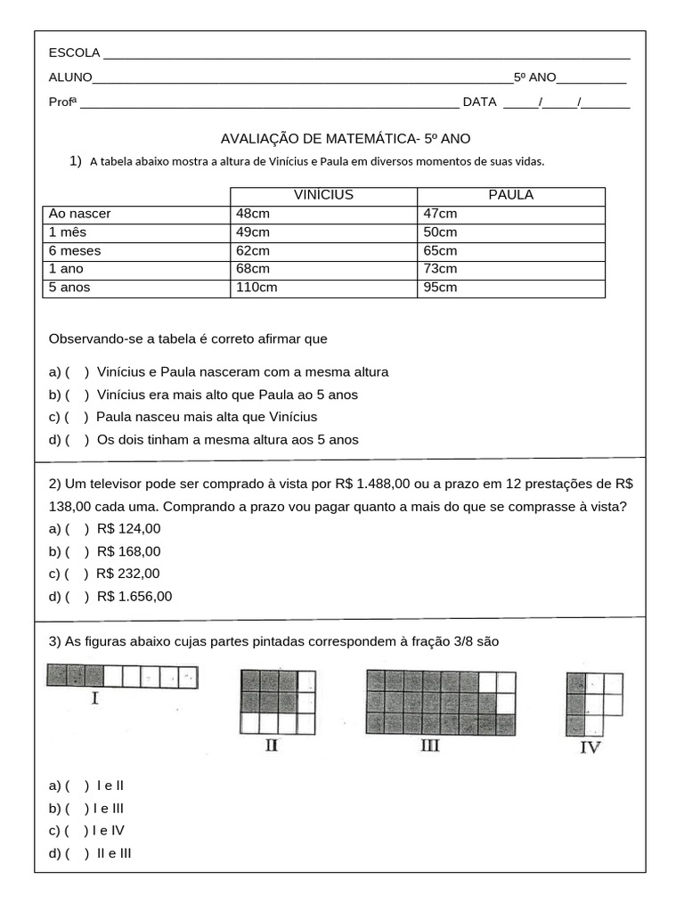Avaliação de Matemática 5º Ano | PDF | Matemática
