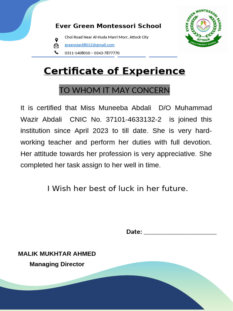 Teacher Experience Certificate for Muneeba | PDF