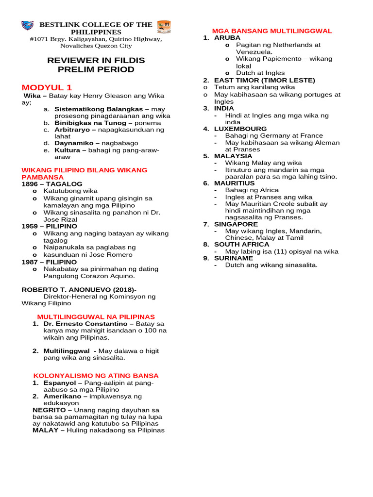 Prelim Reviewer in Fildis | PDF