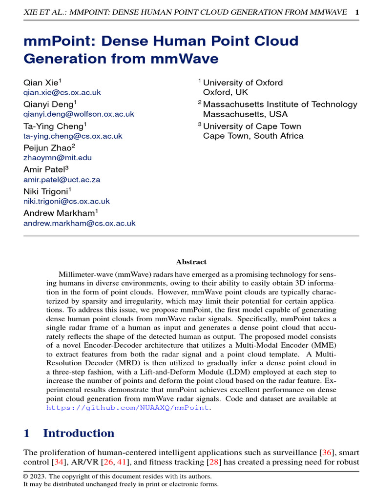Dense Human Point Cloud Generation From Mmwave Pdf Radar