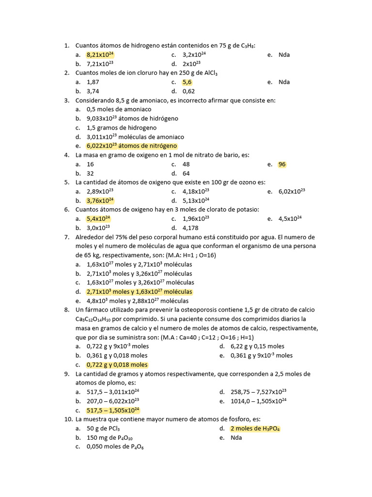 Ejercicios de Química: Cálculos Atómicos y Moles | PDF | Mole (Unidad ...