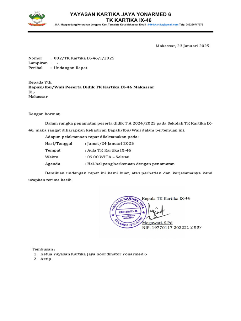Undangan Rapat Penamatan TK Kartika IX-46 | PDF