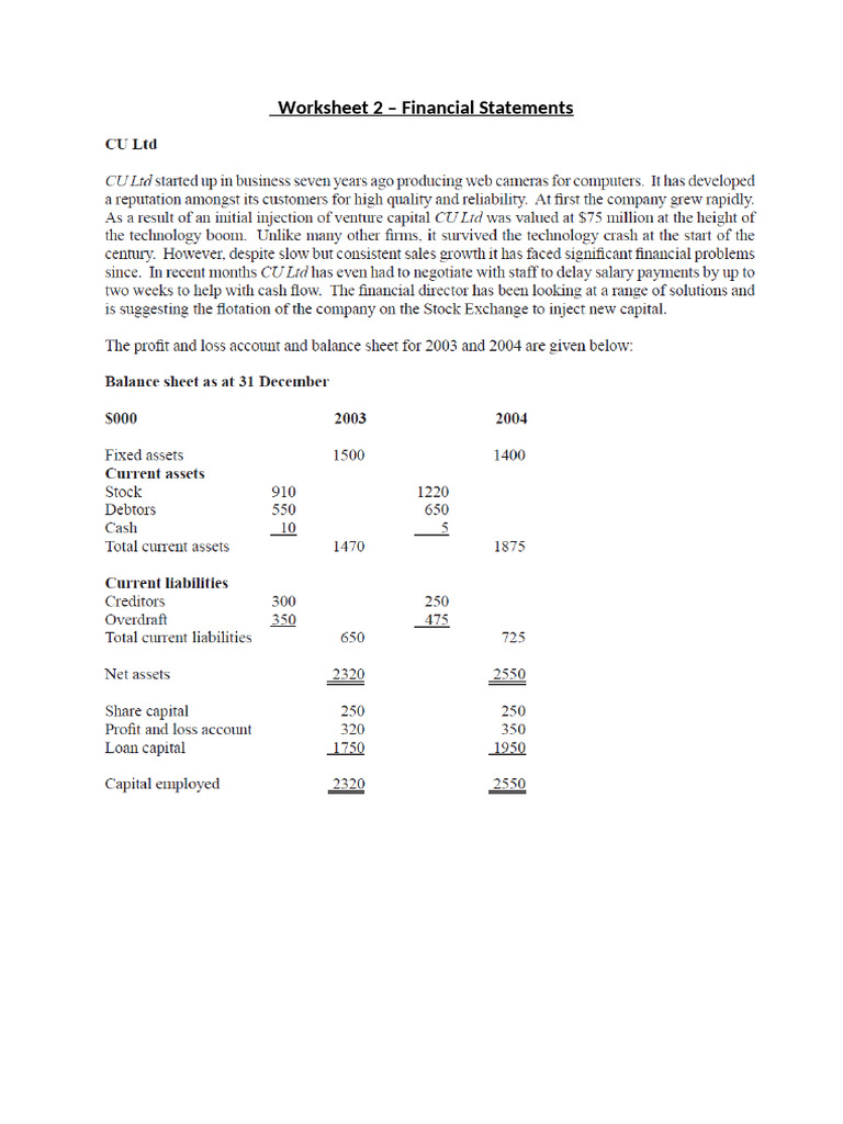 Worksheet 2 Financial Statements | PDF