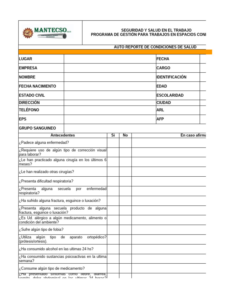 Auto reporte de salud laboral | PDF | Medicina CLINICA | Enfermedades y ...