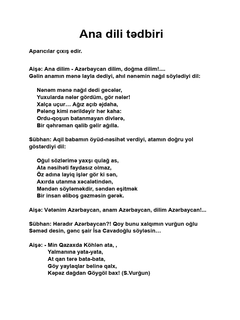 1 (BİR) Aparıcıların Çıxışı (Ana Dili Tədbir) | PDF