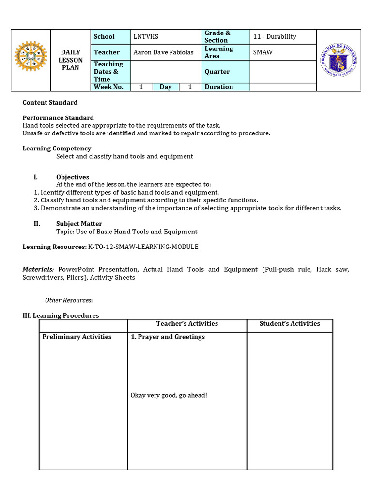 Semi-detailed lesson plan | PDF | Tools