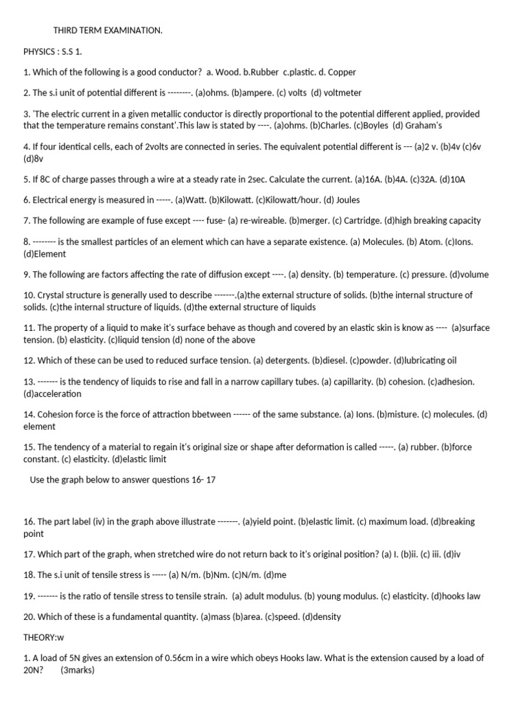 THIRD TERM EXAM S.S 1 Physics | PDF | Elasticity (Physics) | Liquids
